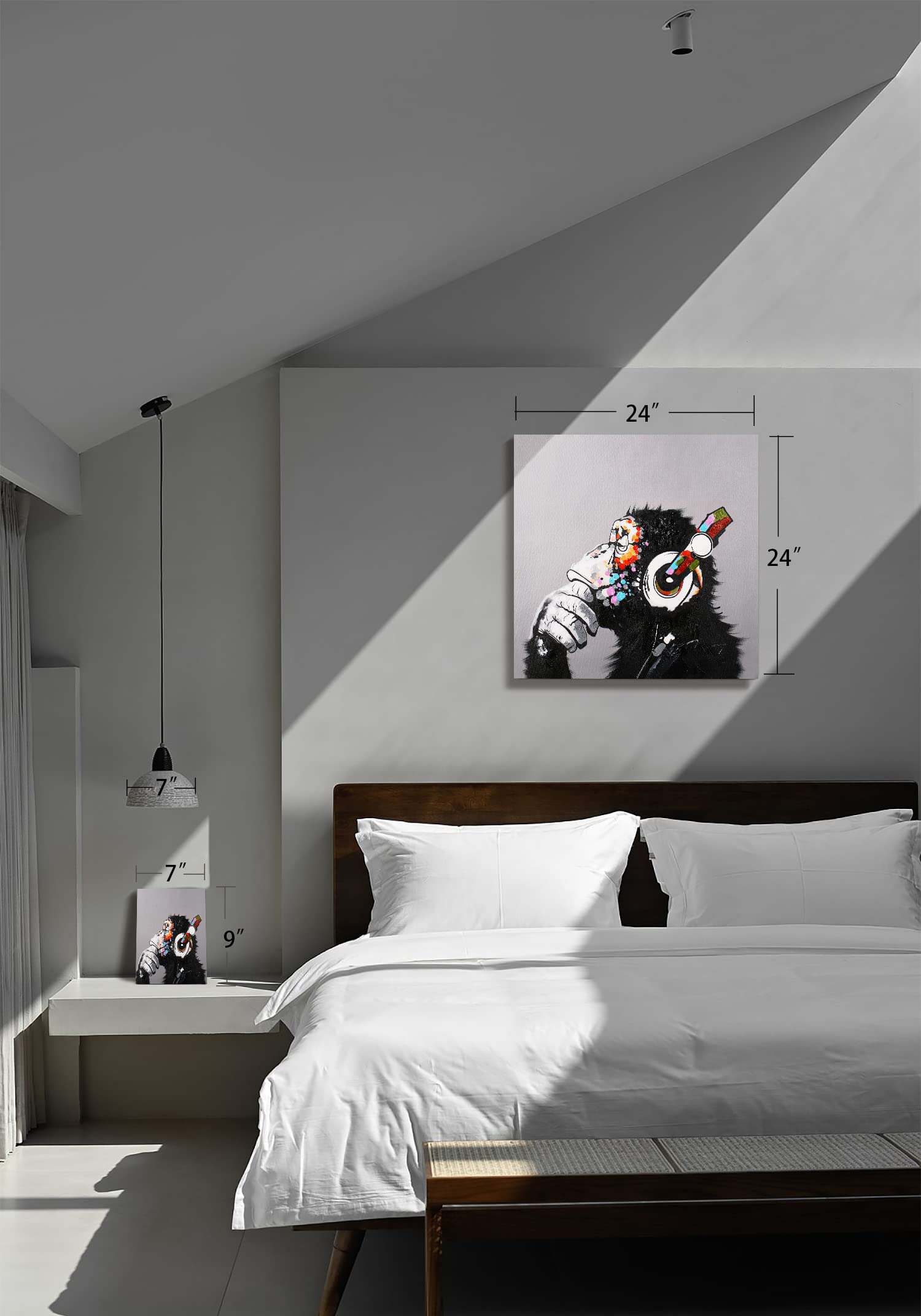 Modern Pop Art Decor - Framed - Thinking Monkey With Headphones Canvas Print Home Decor Wall Art, Gallery Wrap Inner Frame, 24x24