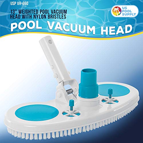 U.S. Pool Supply 13" Weighted Pool Vacuum Head with Nylon Bristles, Swivel Hose Connection, EZ Clip Handle - Connect 1-1/4" or 1-1/2" Hose - Removes Debris, Cleans Floors - Safe for Vinyl Lined Pools