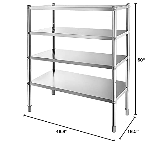 VBENLEM Stainless Steel Shelving 46.8x18.5 Inch 4 Tier Adjustable Shelf Storage Unit Stainless Steel Heavy Duty Shelving for Kitchen Commercial Office Garage Storage 330lb Per Shelf