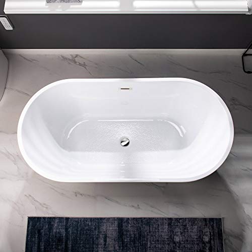 WOODBRIDGE 59" Acrylic Freestanding Bathtub Contemporary Soaking White Tub with Chrome Overflow and Drain,B0014-CH