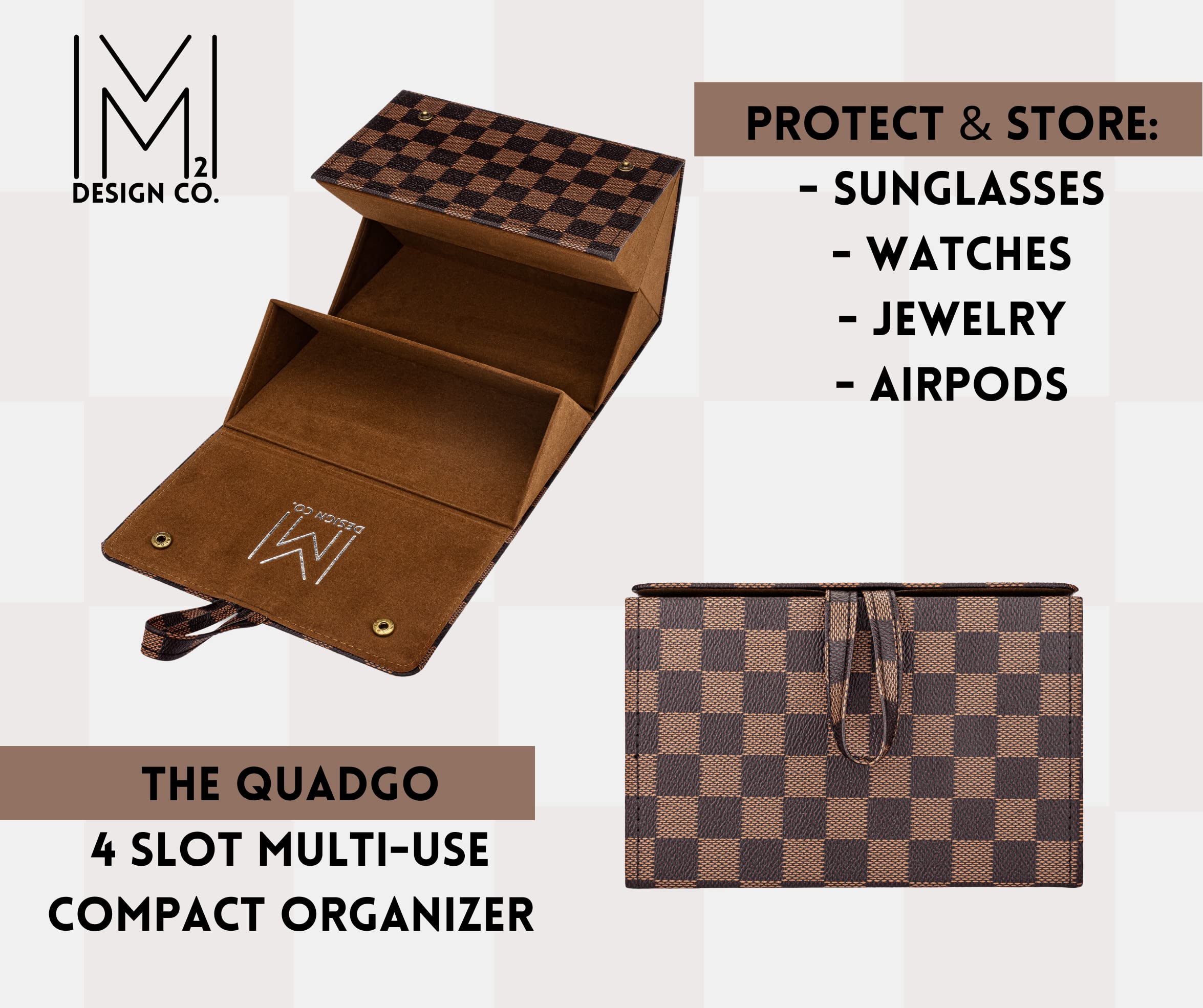 Sunglass Holder For Multiple Glasses – Sunglass Organizer Premium Vegan Leather Foldable Travel Case Luxury Glasses Case | Sunglass Case Hard Shell for Travel (4 Slots, Brown - Checkered)