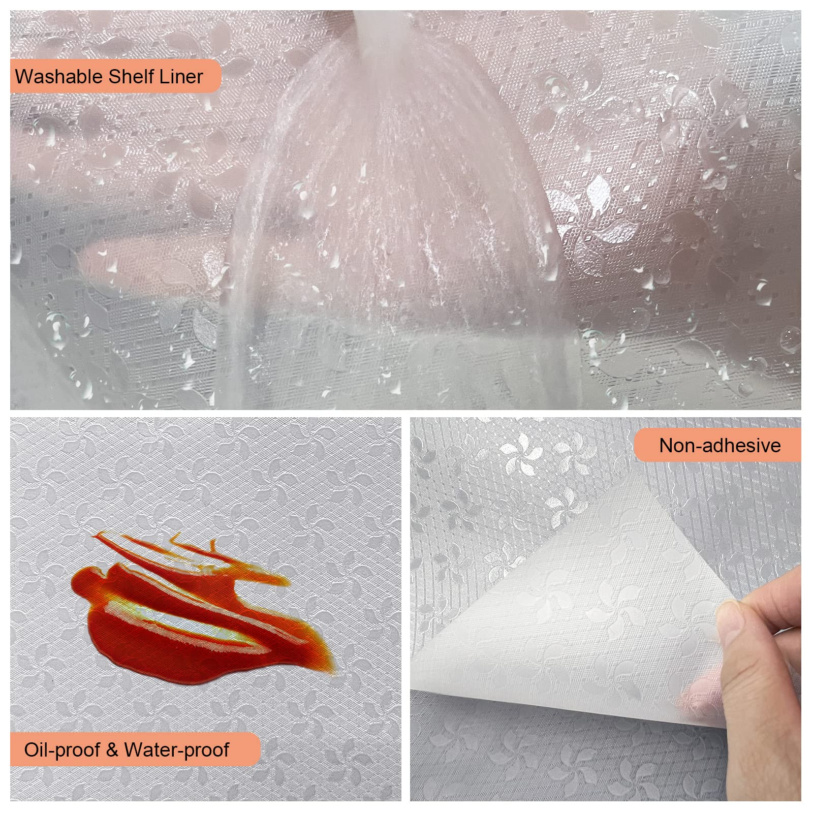 Shelf Liner, Shackcom 17.5in x 19.7ft Non-Slip Drawer Liner, PET Non Adhesive Washable Oil-Proof for Kitchen Cabinet, Shelves, Refrigerator, Storage, Table, Sink Mat (Clear, Bauhinia Pattern)