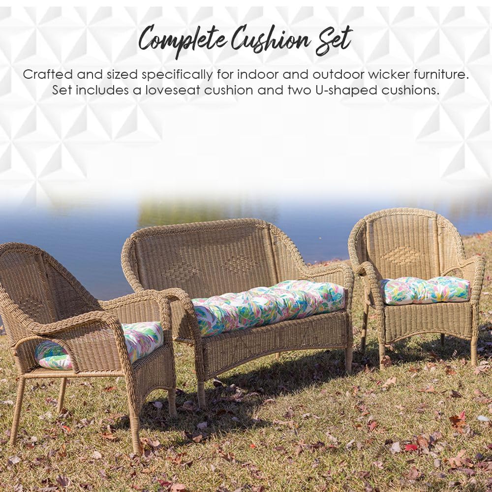 RSH DECOR Indoor Outdoor 3 Piece Tufted Wicker Settee and Chair Cushion Set, All Weather, Water & Fade Resistant Polyester Fabric, 1 Loveseat Cushion 41βx19β & 2 U-Shape Chair Cushion 19βx19β