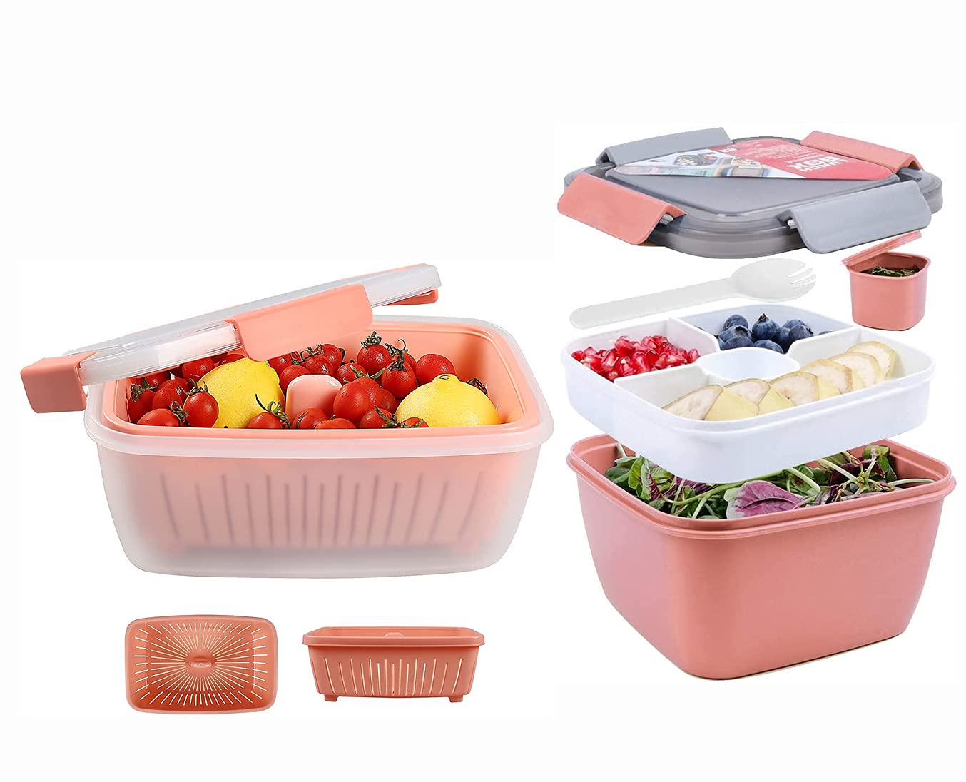 shopwithgreen 52 OZ to Go Salad Container Lunch Container, BPA-Free, Berry Boxes Keep Fresh Produce Saver Food Storage Containers with Leak-proof Lids - Clear, 68oz,Microwave Safe (Pink)