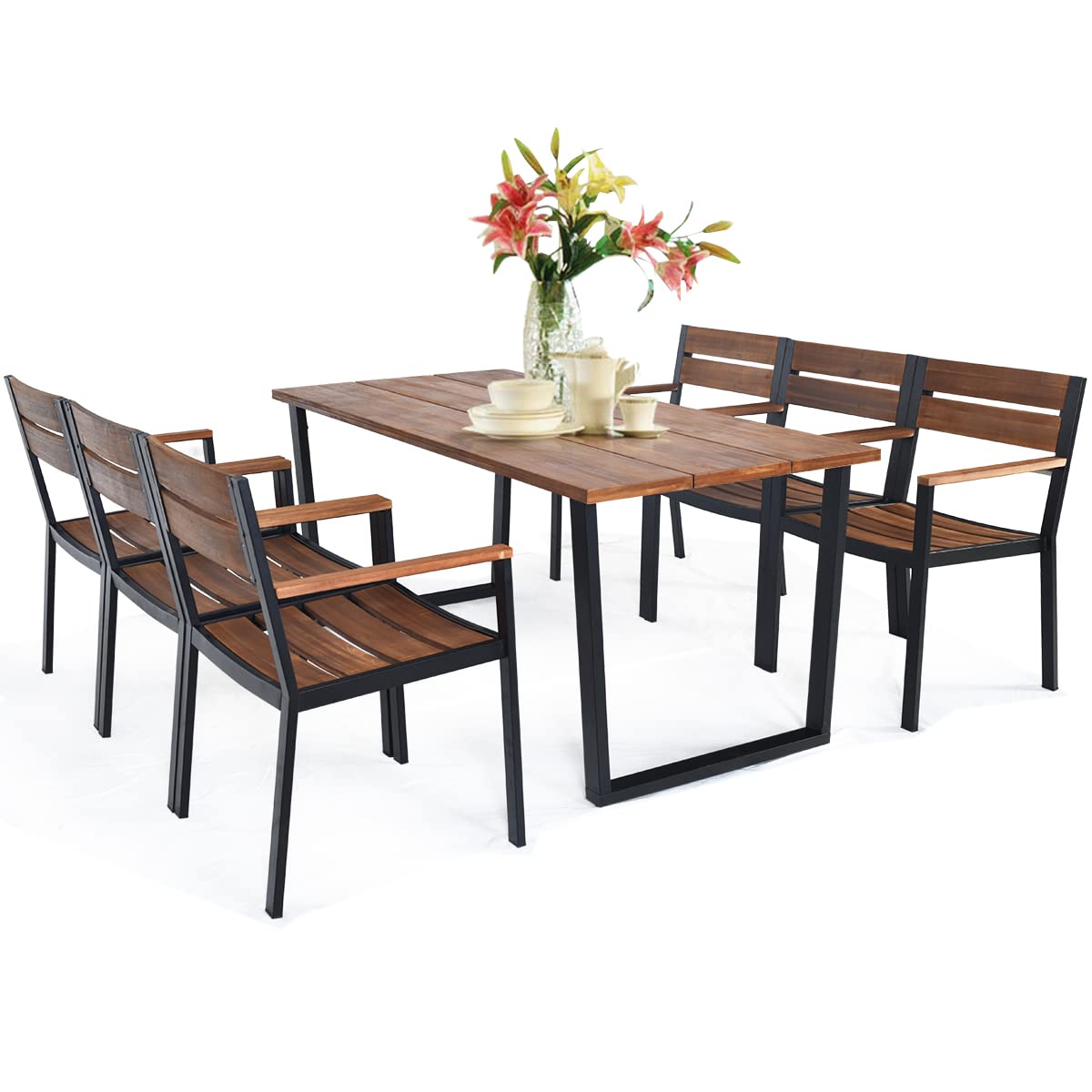 Tangkula 7 Pieces Patented Wood Patio Dining Set with Umbrella Hole, 6 Heavy Duty Acacia Armrest Chairs and Rectangle Table Set, Suitable for Deck Lawn Garden Poolside and Backyard