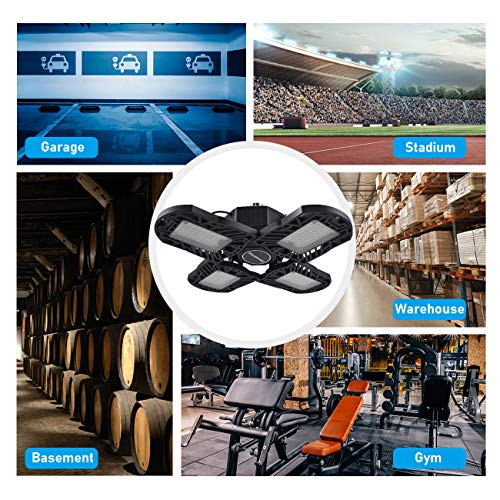 MUIZLUX 120W LED Garage Light 12000Lumens E26/E27 Deformable Garage Ceiling Light, With 4 Adjustable LED Panels 360°, CRI 80+, 6000K Nature Light, Fits for Garage, Basement, Barn, Warehouse