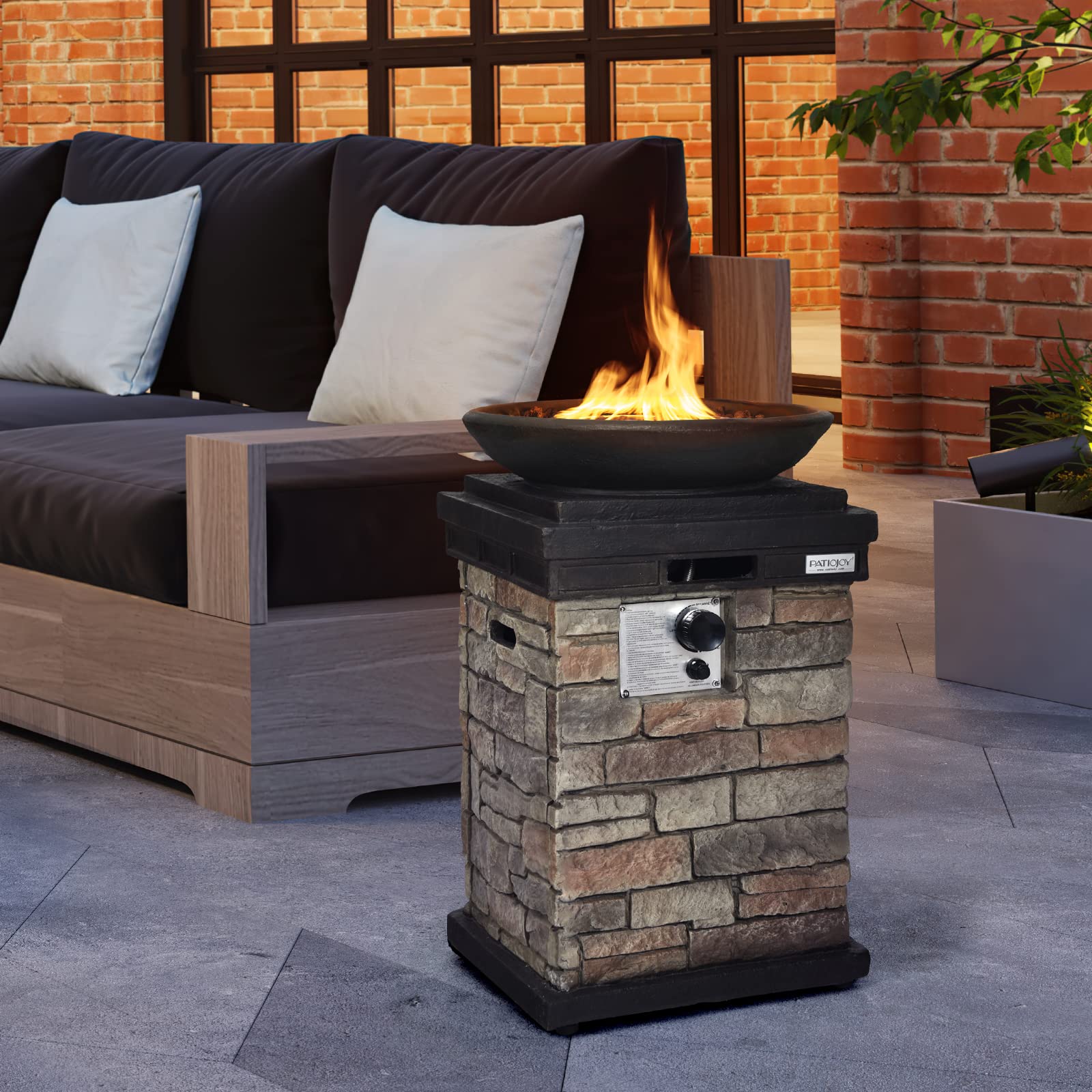 Tangkula Patio Propane Fire Bowl, Patiojoy 40,000BTU Square Fire Pit with Round Bowl, Lava Rocks & Waterproof Cover, Faux Stone Fire Pit Table for Outside Courtyard, Patio, Porch (Natural Stone)