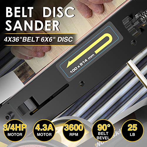 Woodskil 4.3A Belt Sander, 4 x 36 in. Belt & 6 in. Disc Sander, Double Dust Exhaust Port, Steel Base, 2Pcs Sandpapers Included