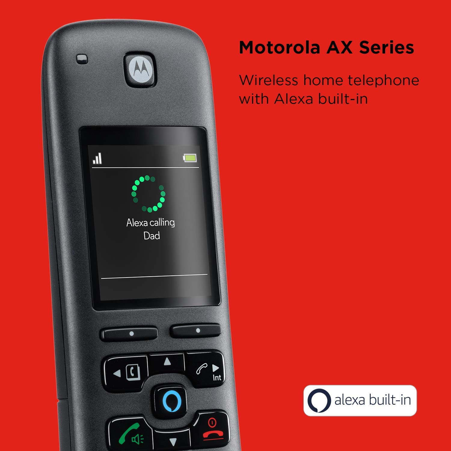 Motorola AXH01 DECT 6.0 Smart Cordless Phone and Answering Machine with Alexa Built-in – 1 Cordless Handset Included, black, 1 handset pack