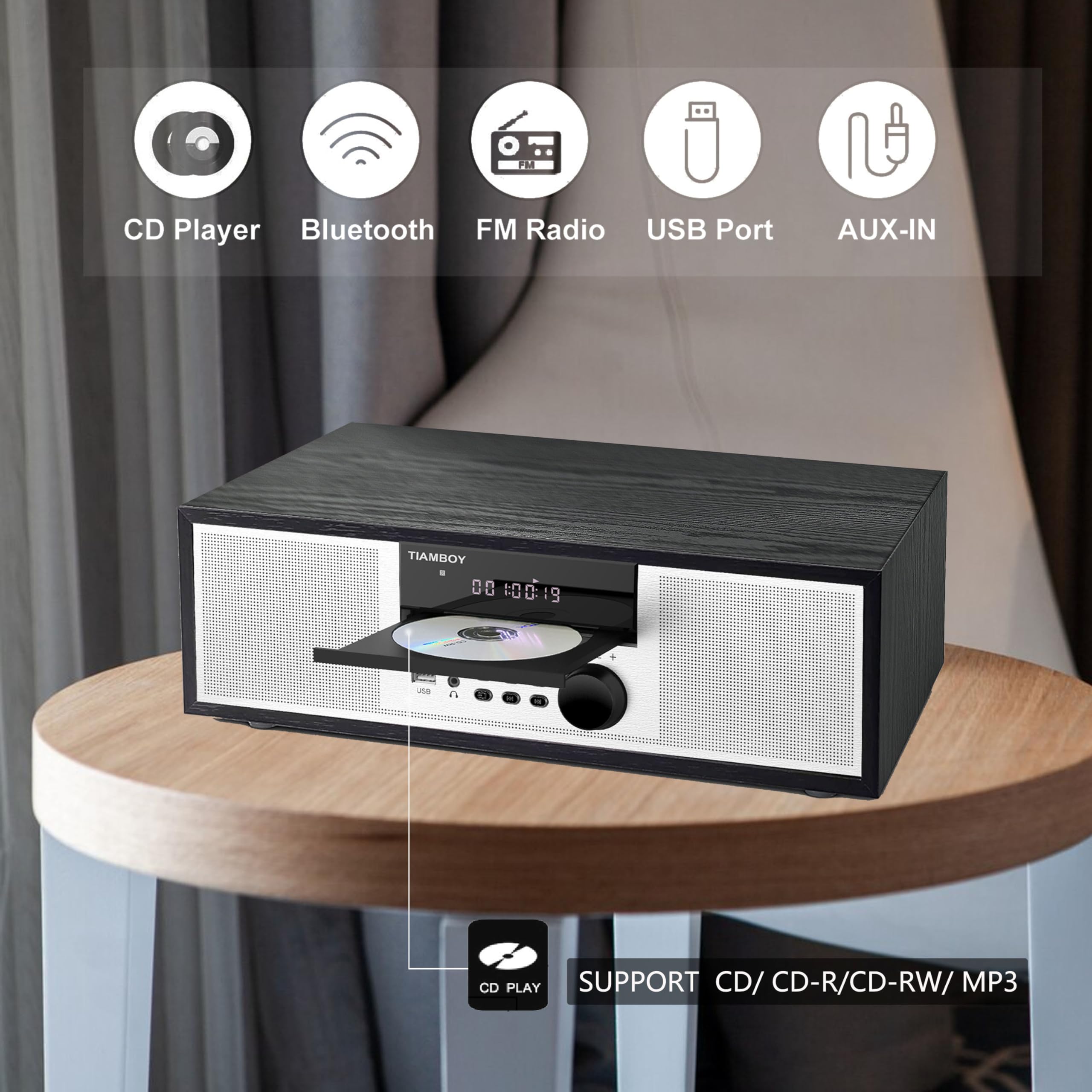 Vintage Home CD Stereo System, 40W RMS Micro Component with CD Player, Bluetooth, USB Playback, FM Radio, AUX-in & Earhpones Output, Clear Sounds & Rich Bass (TB-816 Black)