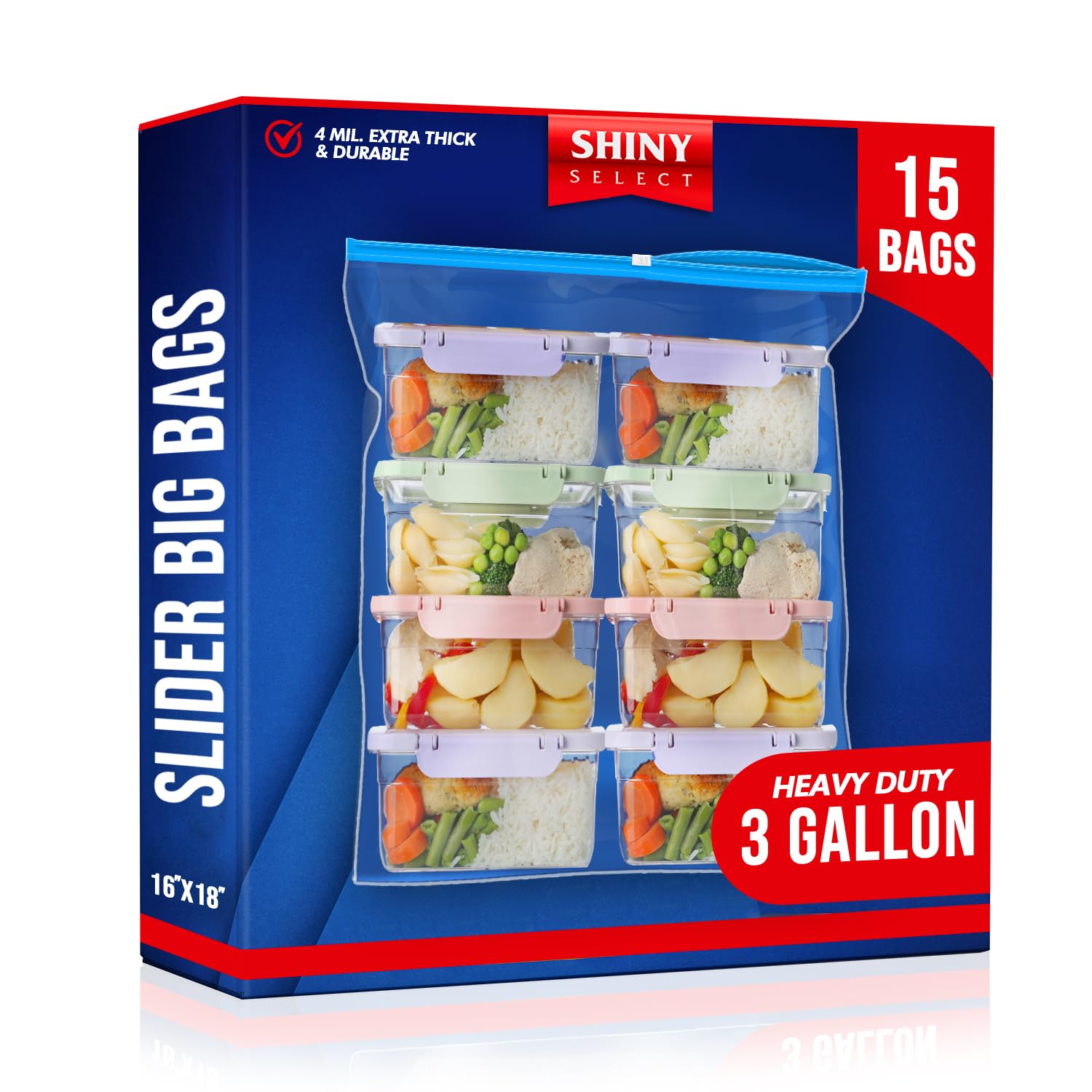 Shiny Select 3 Gallon Jumbo Slider Storage Bag, 16x18 Inches, 15 Bags ā Resealable Extra Large Clear Plastic, 4 Mil Thick for Moving, Food Meal Preparation, Clothing, Toys, Shoes, Toiletries, Snacks