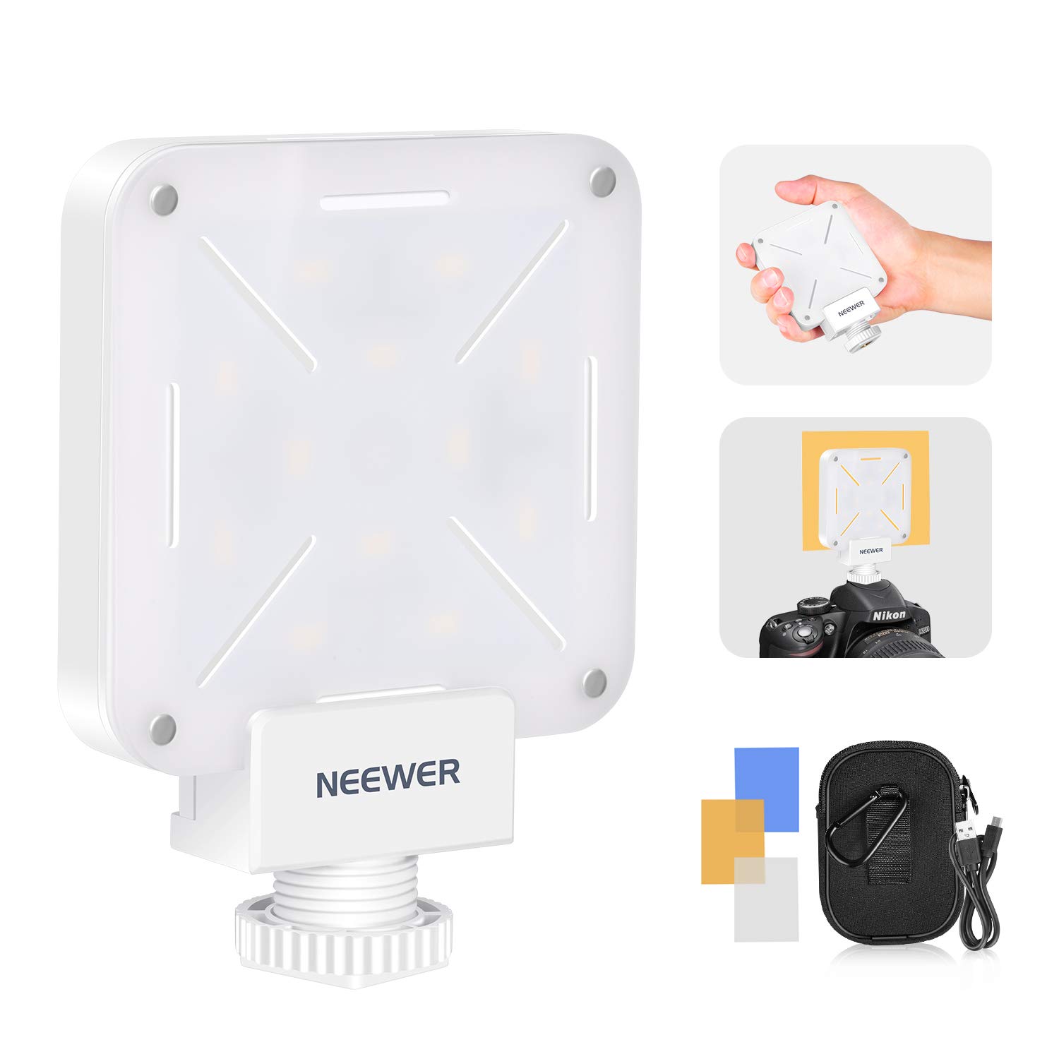 Neewer 12 SMD LED Bulb Mini On-Camera LED Video Light, LED Lighting CRI 95+ with Built- in Battery/USB Charging/Hot Shoe Adapter Compatible with Canon Nikon Sony and Other DSLR Cameras (White)