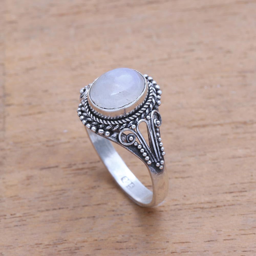 NOVICA Artisan Handmade Rainbow Moonstone Singlestone Ring from Bali .925 Sterling Silver Indonesia Gemstone 'Princess Gem'