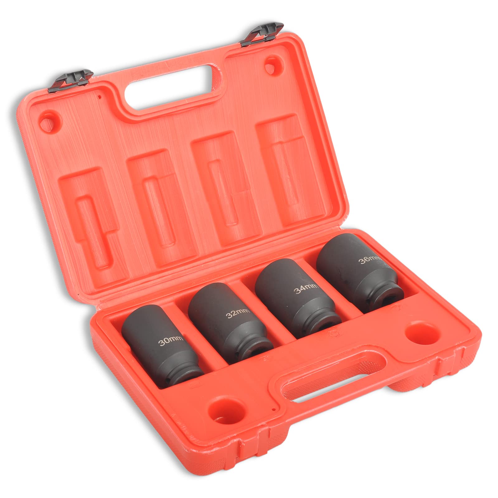 TBAPFS 4Pcs 1/2" Drive Deep Impact Socket Set 12 Point Metric 30mm 32mm 34mm 36mm Drive Spindle Axle Hub Nut Socket Set,Heavy Duty with Portable Storage Case,Use In Removing And Installing Axle Nuts