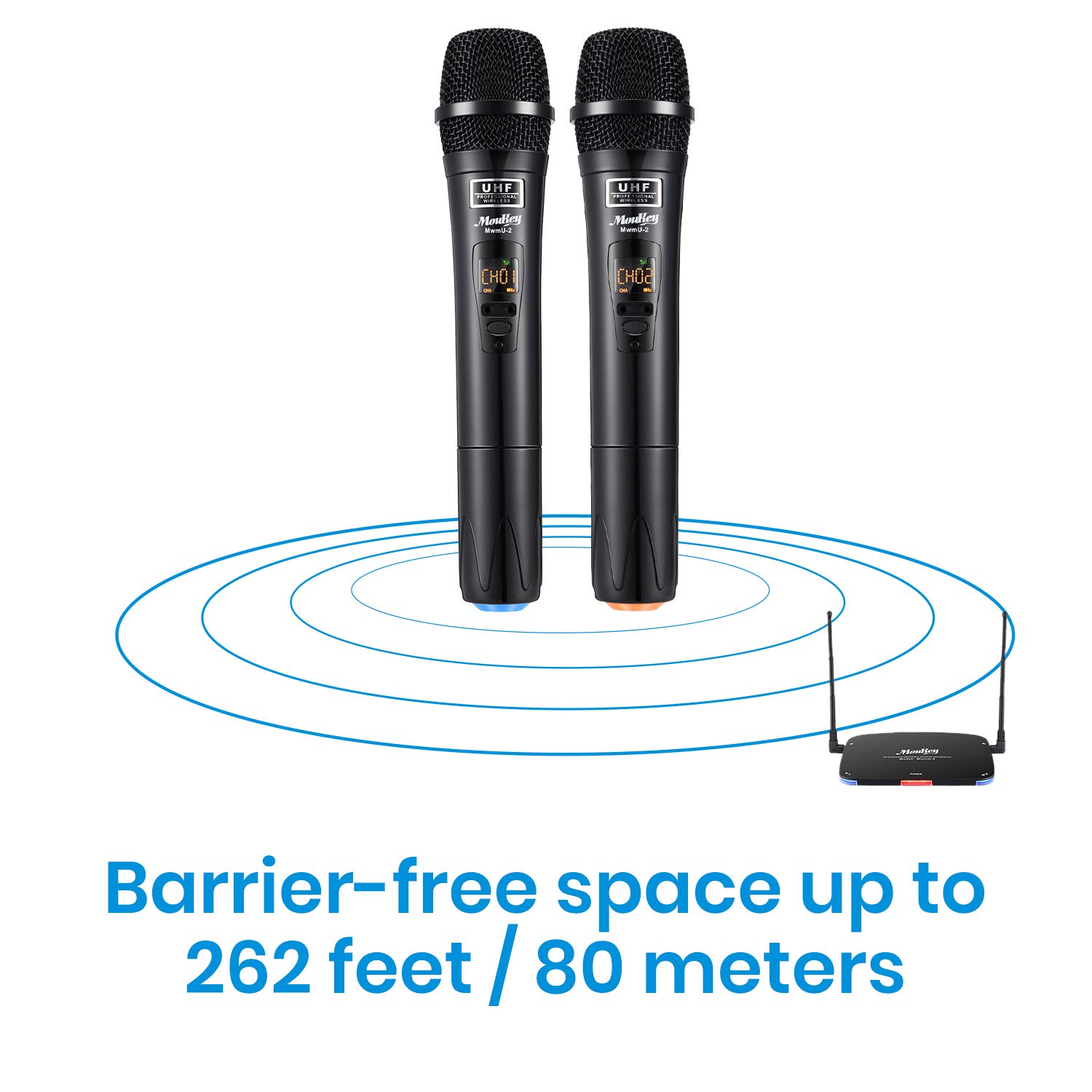 Moukey Wireless Microphone, UHF Karaoke Microphone with 2 Mics, Dynamic Handheld Cordless Microphone, Rechargeable, 262ft Range, Microphones for Singing/Voice Amplifier/PA System/Karaoke/DJ/Church.