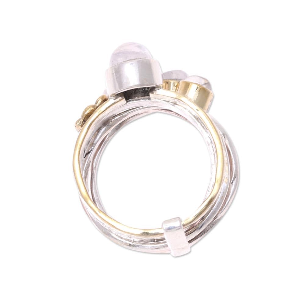 NOVICA Artisan Handmade Rainbow Moonstone Cocktail Ring Mixed Metals Floral from India Copper .925 Sterling Silver Brass Clear Multi Gemstone 'Rain Flowers'