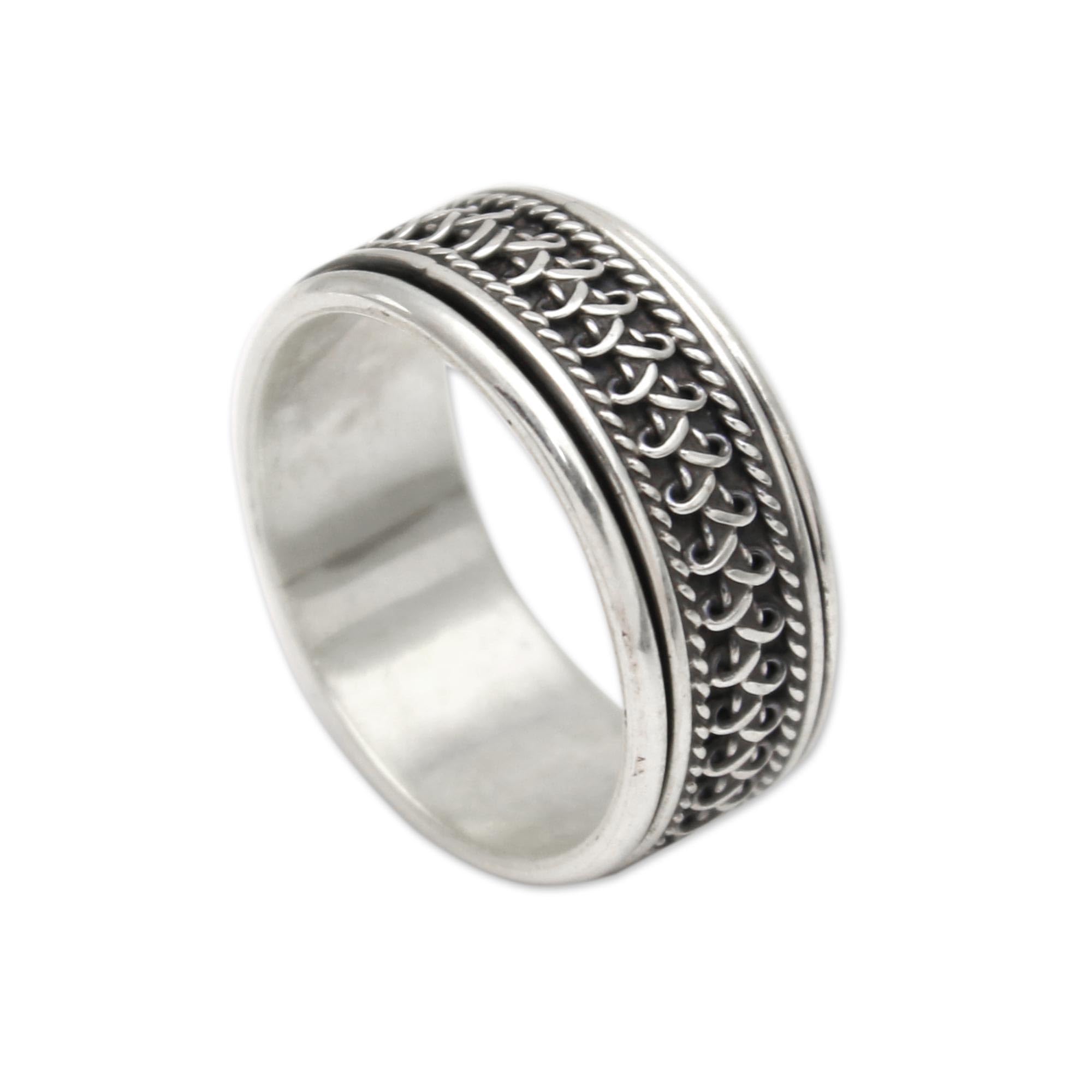 NOVICA Artisan Handmade Sterling Silver Meditation Spinner Ring Balinese No Stone Band Indonesia Romantic [band Width 8 mm W] ' Dragon Scale'