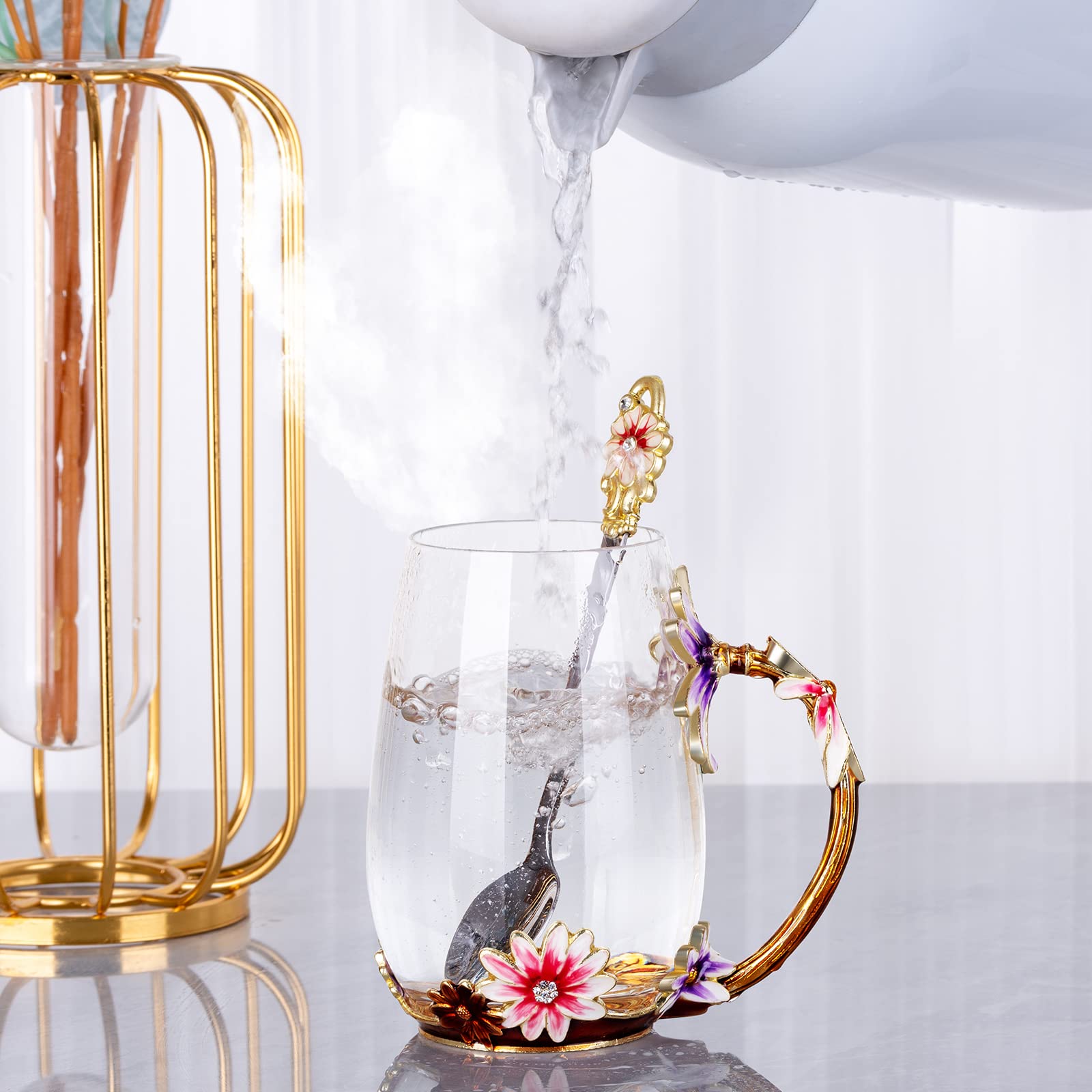 SHEEYEE Gift for Women Tea Cup with Spoon Enamel Daisy Flower Glass Teacup Tea Sets for Women Mother's Day Christmas Birthday Valentine's Day