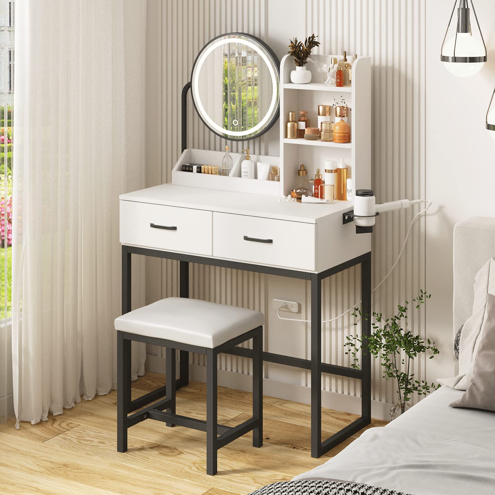 Makeup Vanity Desk with Mirror and Lights, Cute Vanity Makeup Table, Small Vanity Table for Bedroom with Lots Storage, 3 Lighting Modes, 31.5in(L)…