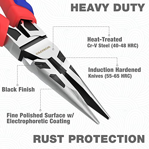 WORKPRO Premium 8” Needle Nose Pliers, Paper Clamp Precision, Heavy-Duty CRV Steel, Large Soft Grip with Wire Cutter, Long Nose Cutting Pliers, W031269