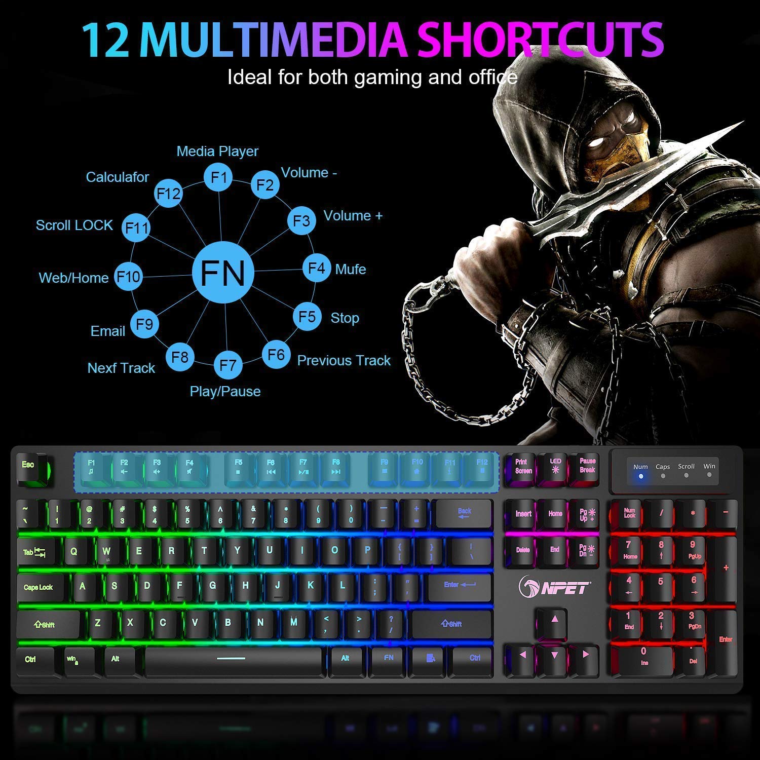 NPET Gaming Keyboard and Mouse Bundle, Backlit Wired Ergonomic Keyboard, LED Lighting Mouse with 7200 DPI for Windows Computer Gamers