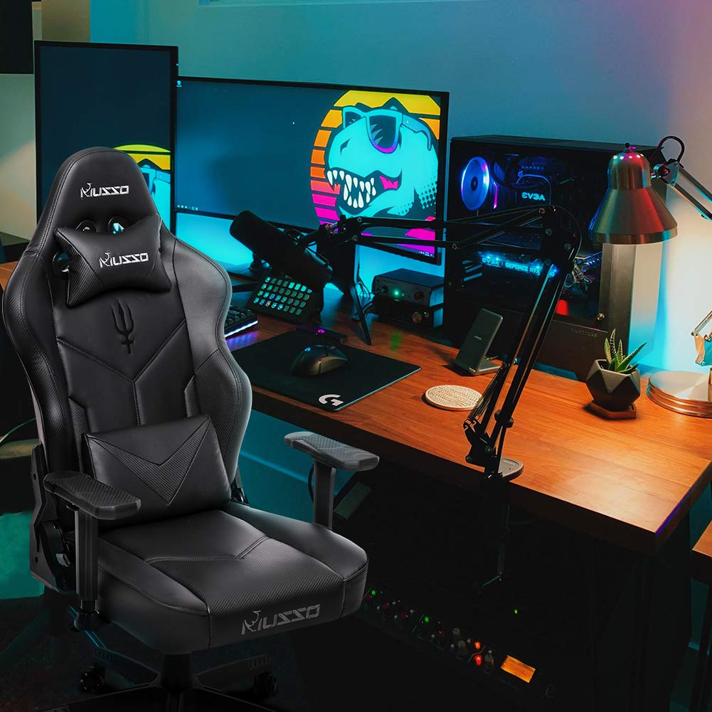 Musso Gaming Chair with Panther Embroidery, Heavy Duty Adjustable Esports Computer Chair, Adults Racing Video Game Chair, Large Size PU Leather High-Back Executive Office Chair (Trident Pattern