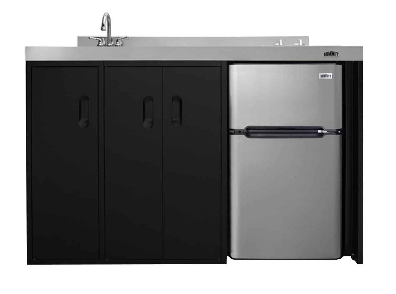 Summit Appliance CK54SINKL 54 Wide All-In-One Kitchenette, Stainless Steel Sink and Faucet, 2-door Refrigerator-freezer, 2-burner Smooth-top Cooktop, Storage Compartments, 115V Operation, Black