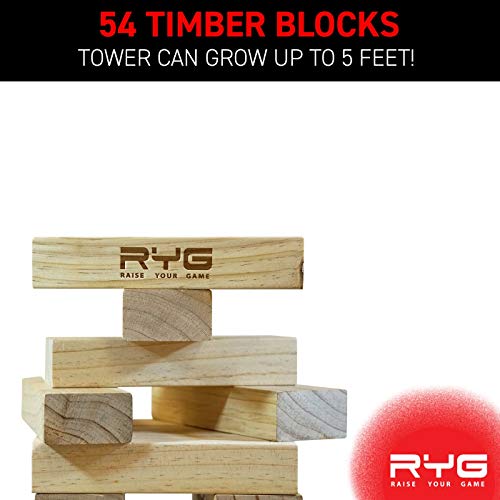Raise Your Game Giant Wooden Tower (Stacks to a Maximum of 5 feet), Large Tumbling Block Timbers, Wood Stacking Game Jumbo Backyard Set with Carrying Case