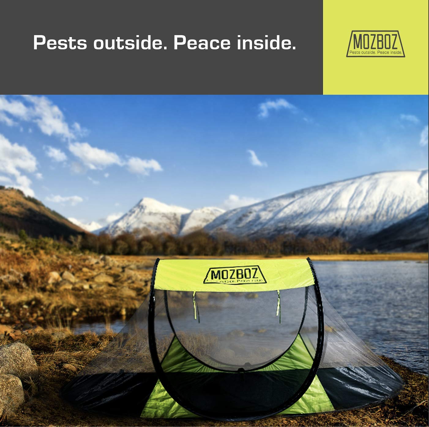 MozBoz One Person Pop Up Mosquito Tent - Free-Standing Bug, Insect Net for Camping, Beach, Hiking - Foldable, Breathable, Compact Mesh Pod - Heavy-Duty Tarp Floor; Storage Bag
