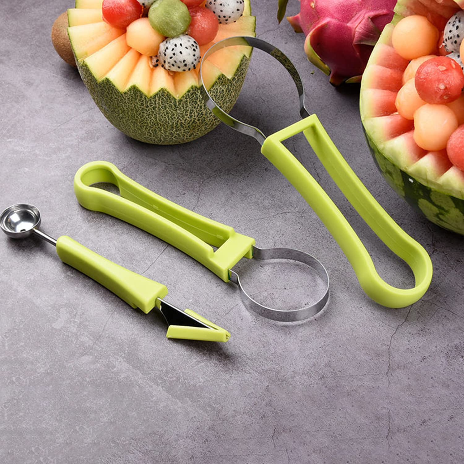 Suuker Melon Baller Scoop Set,4 In 1 fruit cutters shapes for kids, watermelon scooper fruit scooper and baller, Seed Remover Knife and fruit carving tools(Green)