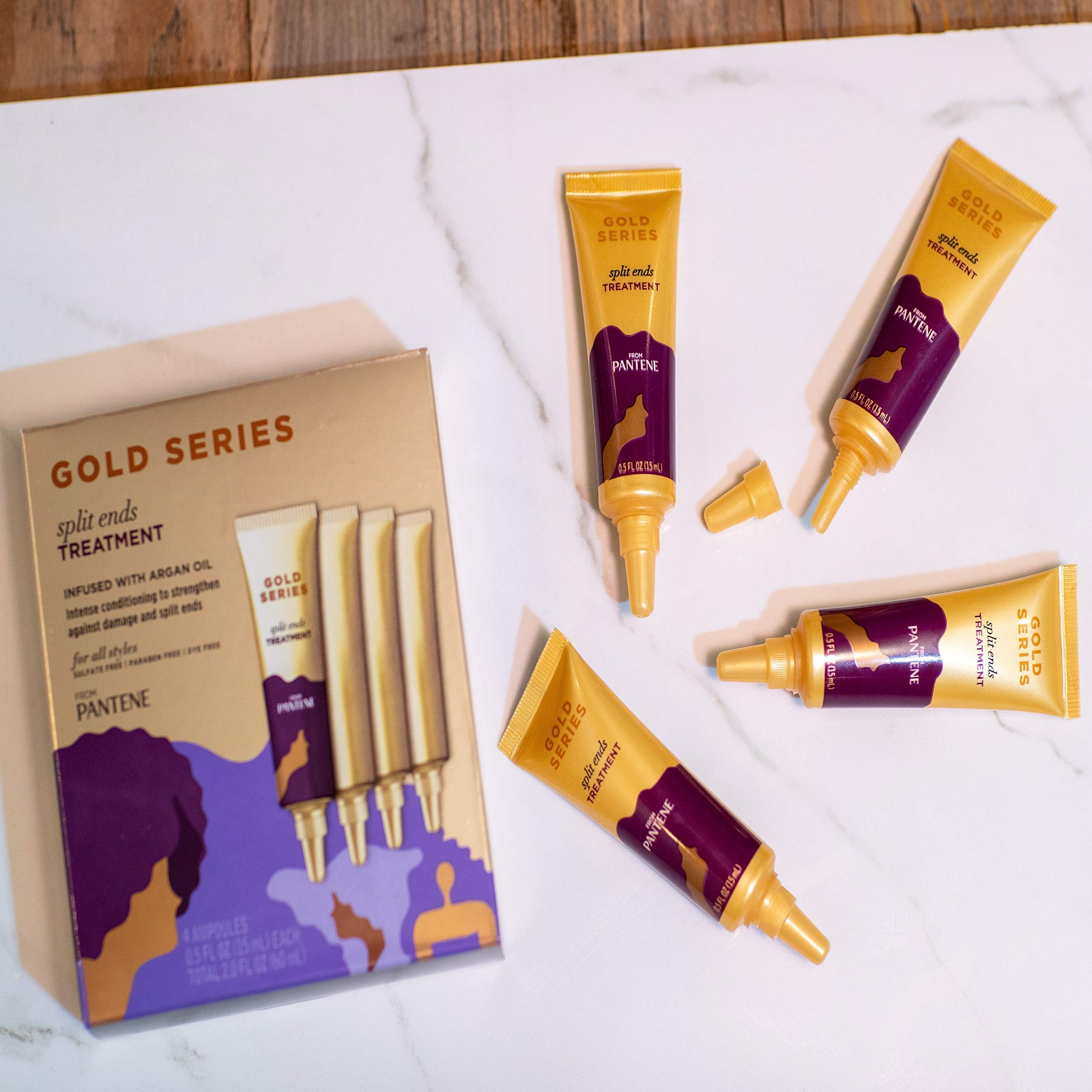 Pantene Gold Series Split Ends Treatment, for Curly and Coily Hair, Infused with Argan Oil, 0.5 Fl Oz x 4 Count