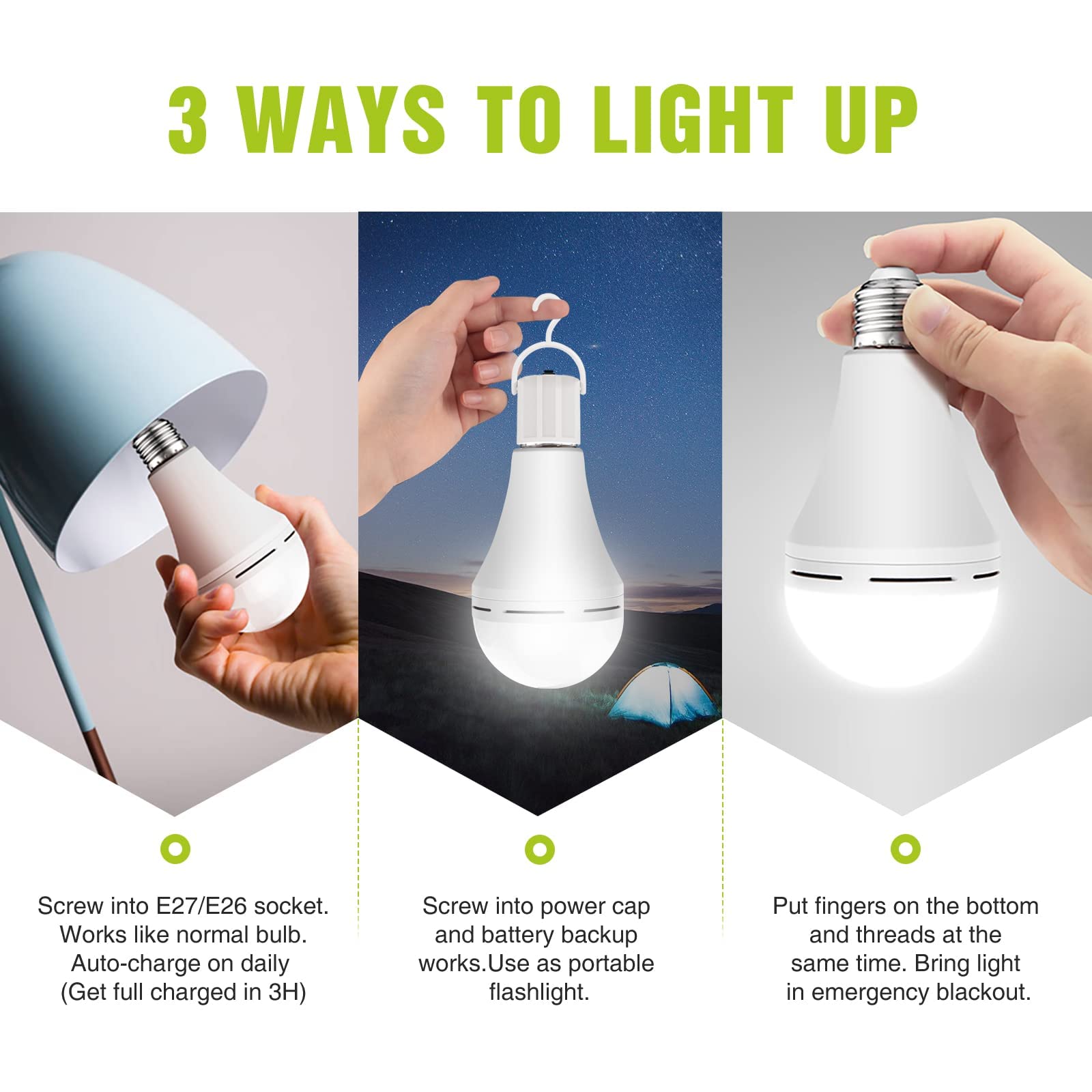 Neporal 4 Pack Emergency-Rechargeable-Light-Bulb, Stay Lights Up When Power Failure, 1200mAh 15W 80W Equivalent LED Light Bulbs for Home, Camping, Tent (E27, with Hook) (Daylight)