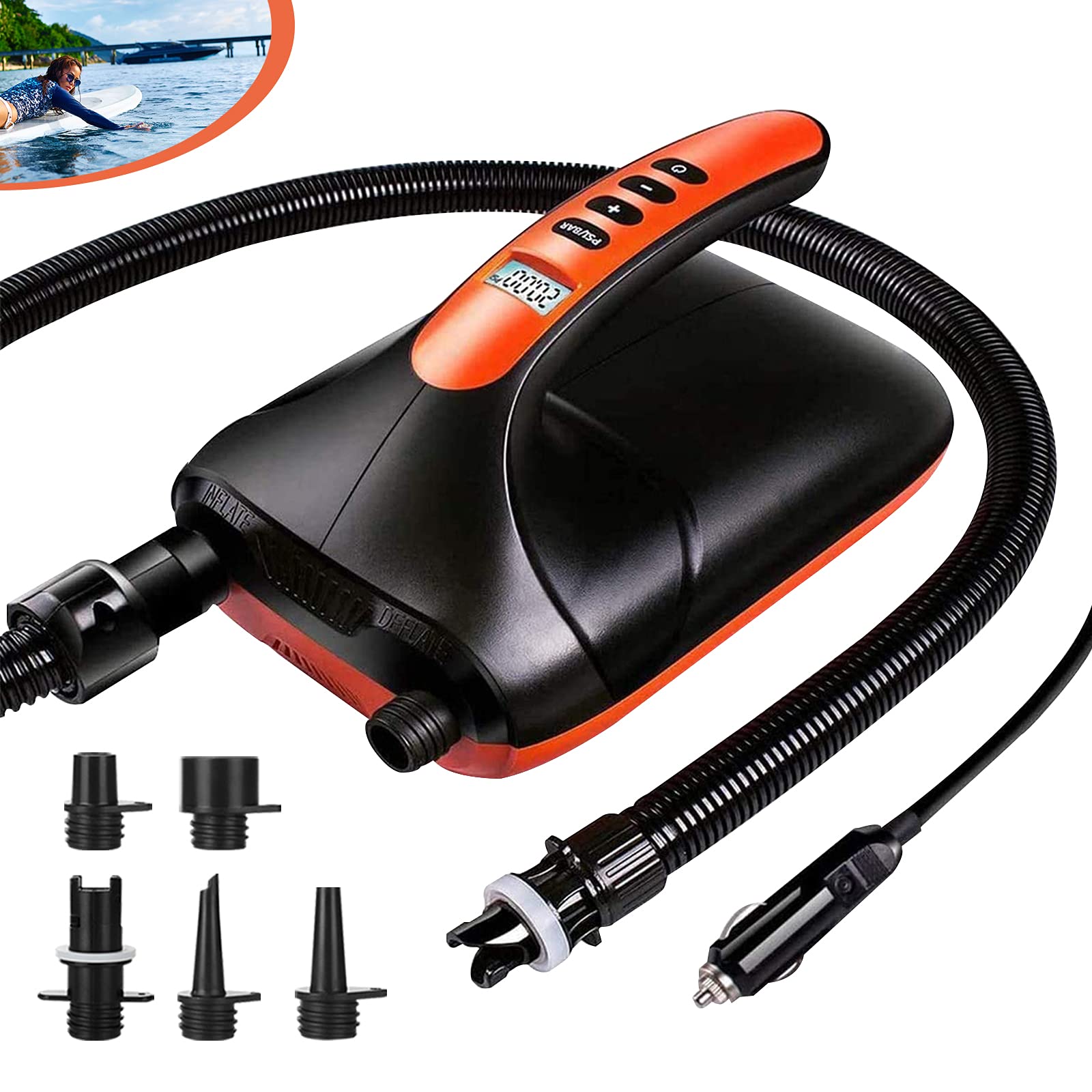 Paddle Board Pump, VACHAN SUP Electric Air Pump, 20PSI Potable 12V Car Connector Air Inflator, Dual Stage & Auto-Off Inflation & Deflation Function for Inflatables, Kayaks and Boats
