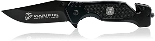 USMC Black Tactical Folding Knife-3.5 Inch Blade Marine Rescue & Hunting Knife-Two-Sided Engravings - USMC Gift-Disabled USMC Vet Owned SMALL Business