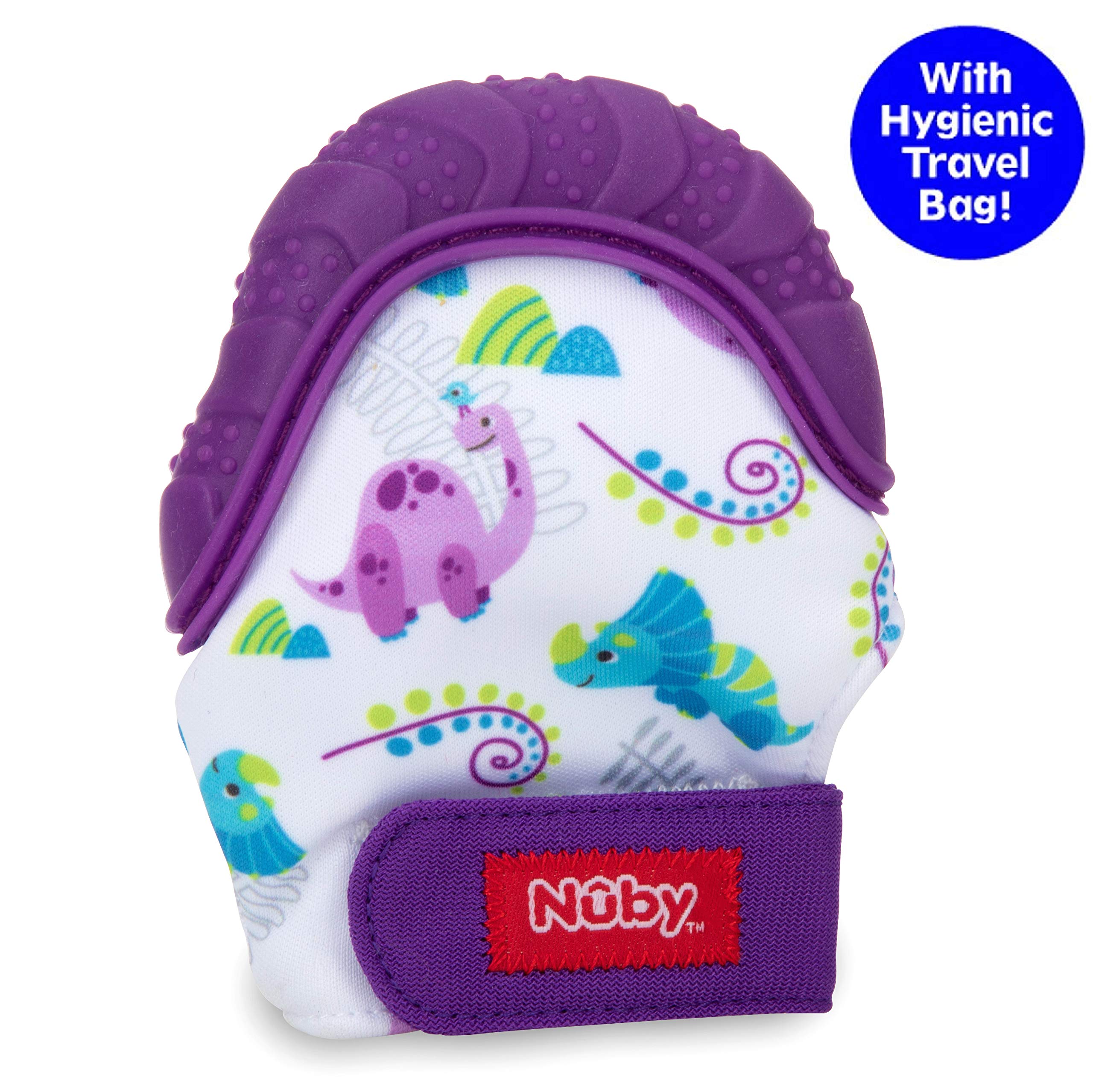 Nuby Soothing Teething Mitten with Hygienic Travel Bag, Dinosaurs, Purple
