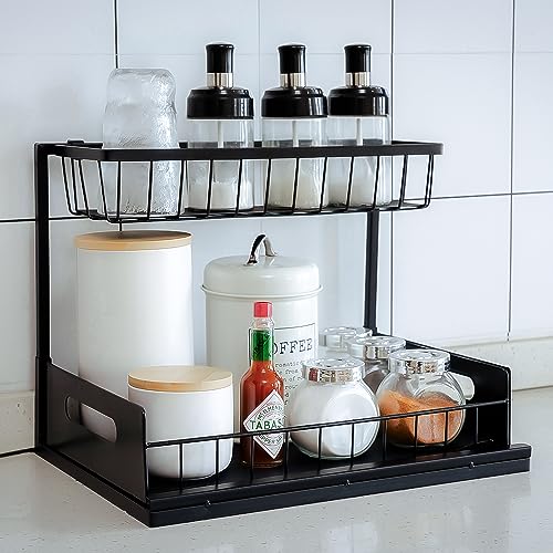 Nestorium Under Sink Organizer, Metal Pull Out Cabinet Organizer 2 Tier Slide Out Under Kitchen Sink Organizer, Cabinet Organizer with Sliding Drawer for Kitchen, Bathroom, Desk, Laundry (14.2*10.6)