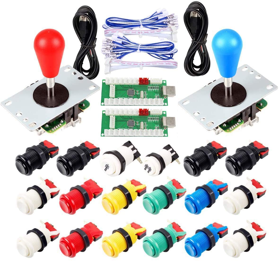 MYMIQEY 2 Players Arcade DIY Parts Kit for Mame/PC/Raspberry Pi/PS3/Jamma/Windows System/Arcade Controllers Project, 2X USB Encoder + 2X Bat Top Joystick + 18x American Style Push Buttons (Mix Color)