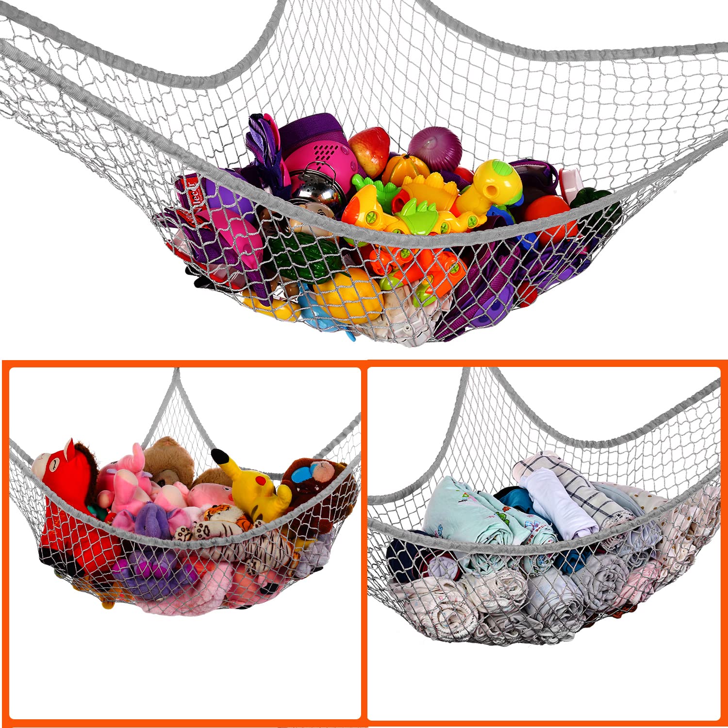 Net for Stuffed Animals, Meirenda Stuffed Animal Hammock or Net Jumbo Stuffed Toy Net Storage Organizer Kids Sling Corner Wall Mesh Toy Hammock for Stuffed Animals (Gray, 70 inch)