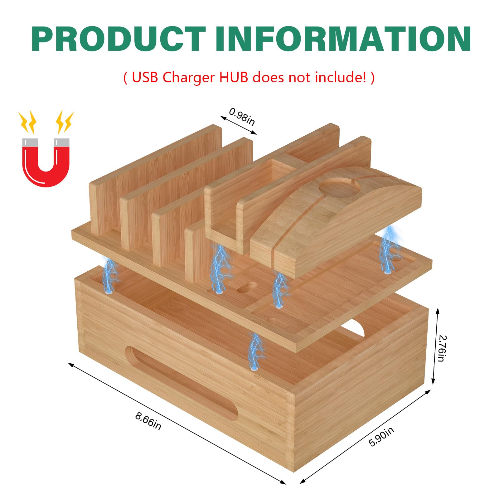 Myndekly Bamboo Charging Station Organizer for Multiple Devices, Desktop Docking Station for Cell Phones, Tablets, SmartWatch&Earbuds Stand (Includes 6 Cables) (No Power Supply)
