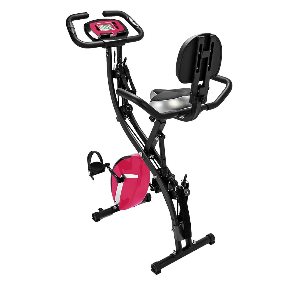 PEXMOR 3 in 1 Adjustable Folding Exercise Bike Convertible Magnetic Upright Recumbent Bike with Arm Bands and Leg Bands (Red)