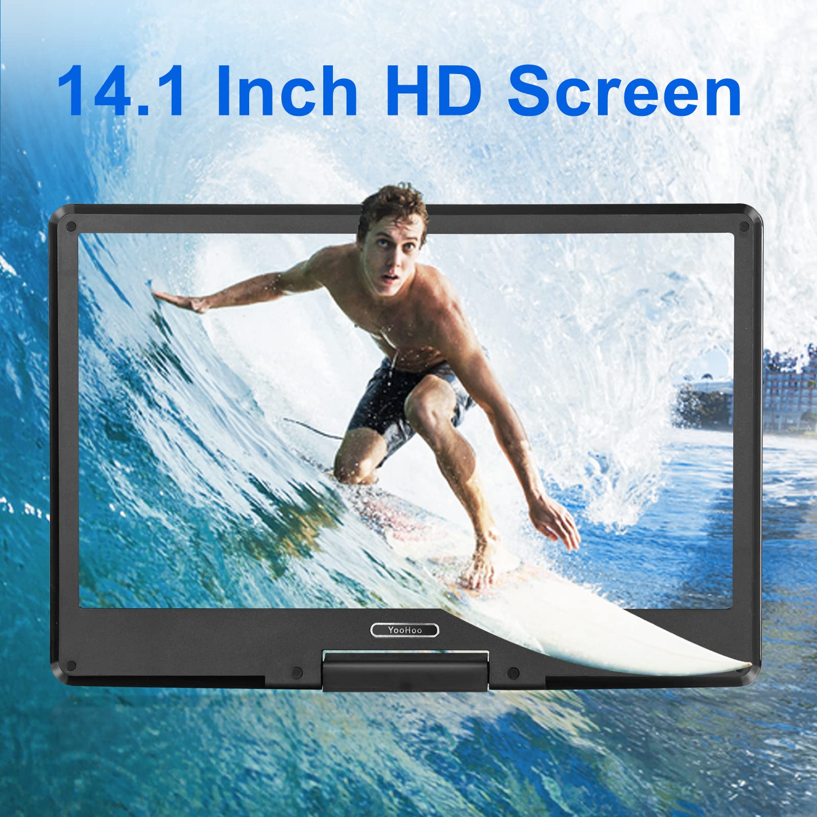 YOOHOO 16.9" Portable DVD Player with 14.1" Swivel HD Large Screen, DVD Player Portable with 6Hrs Playtime, Last Memory, Support USB/SD Card/Sync TV, Region-Free, Support Multiple Discs, Black