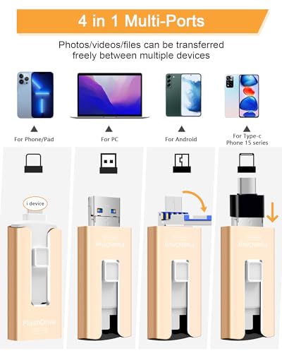 Sunany USB Flash Drive 256 GB for Phone and Pad, High Speed External Thumb Drives USB Memory Storage Photo Stick for Save More Photos and Videos (Gold)