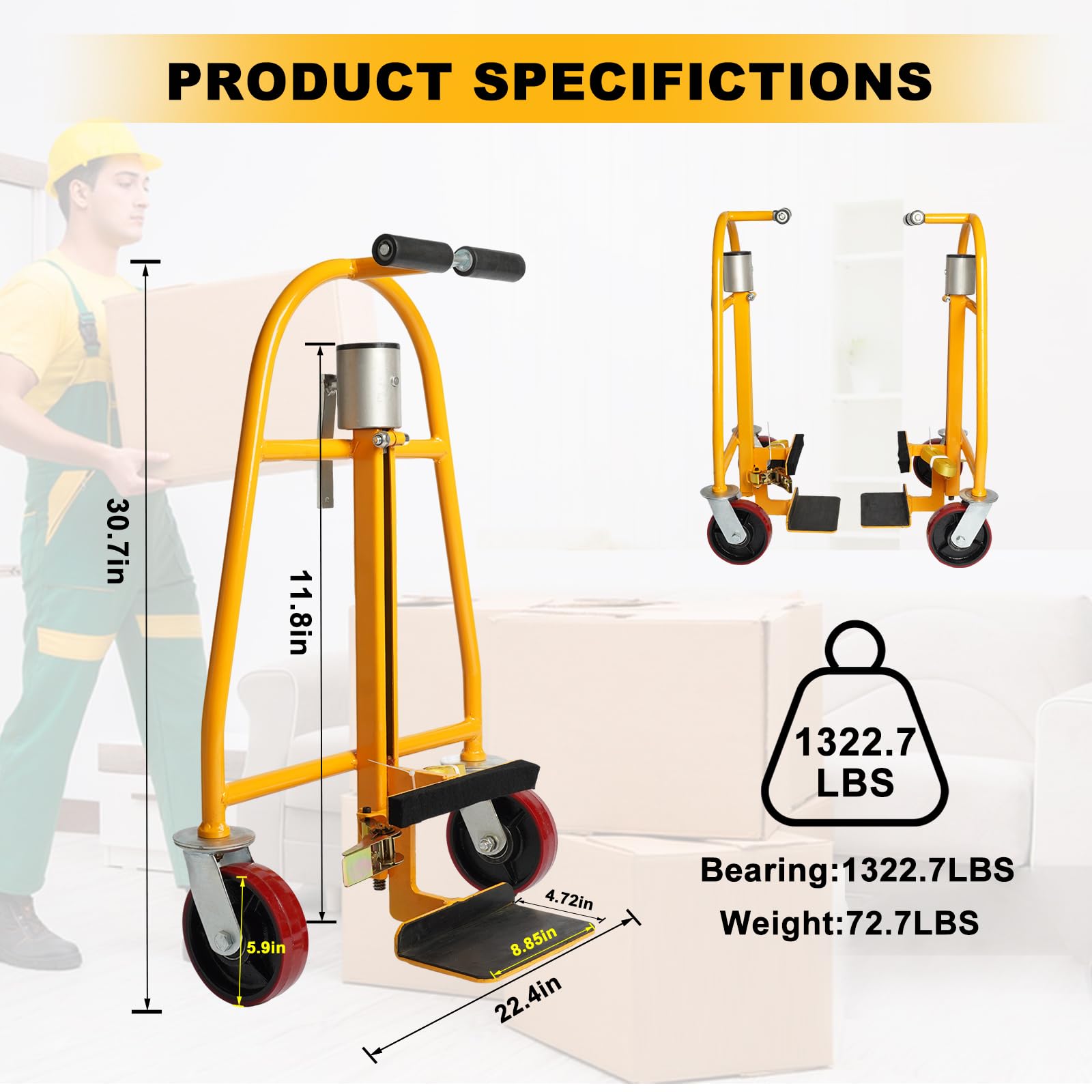 Manual Furniture Mover Equipment (Set of 2),Heavy Duty Moving Dolly, 1300 lbs Capacity, 12" Lift Height.
