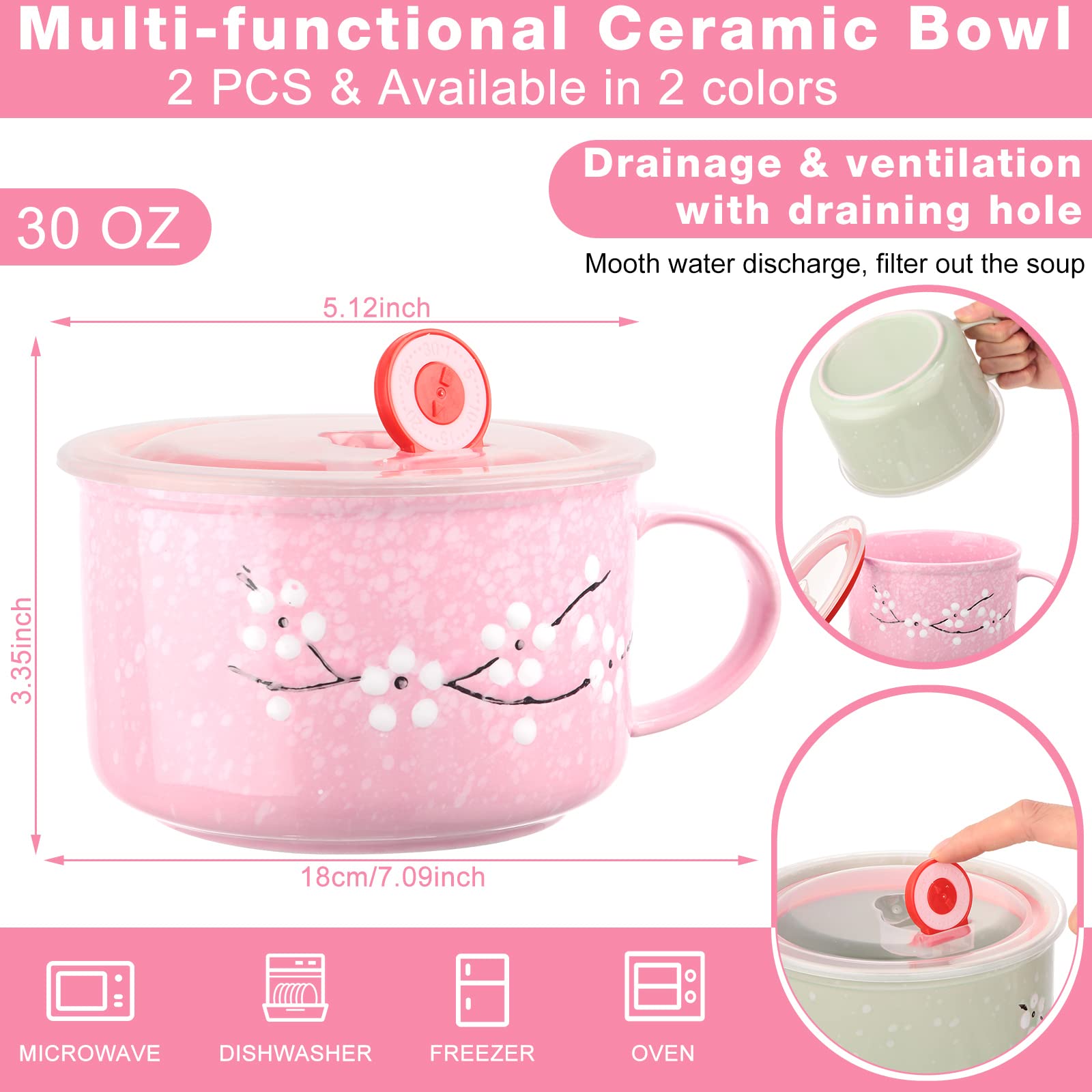 SEEWEY 2 Pcs Floral Ceramic Bowl with Lid and Handle 30 oz Soup Bowls Heat Preservation Instant Noodles Mug Soup Cup Microwavable Bowls for Ramen Noodle Cereal Travel