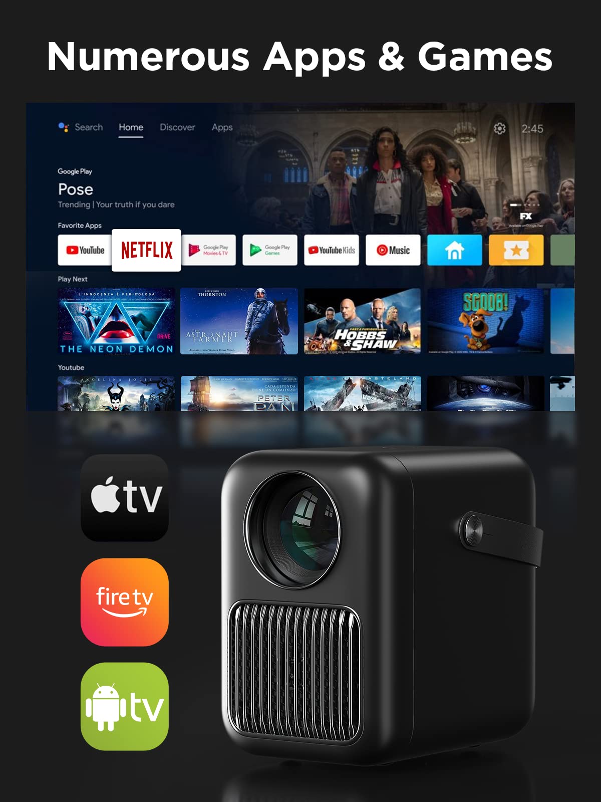 POKITTER Orca Retro 1080P Projector with WiFi and Bluetooth, 650 ANSI Lumens, Android 9.0 with 5000+ Apps, Auto Focus, 4D Keystone Correction, 10W Speakers, 40"-200" Image for Home,HDR10+,T6R MAX