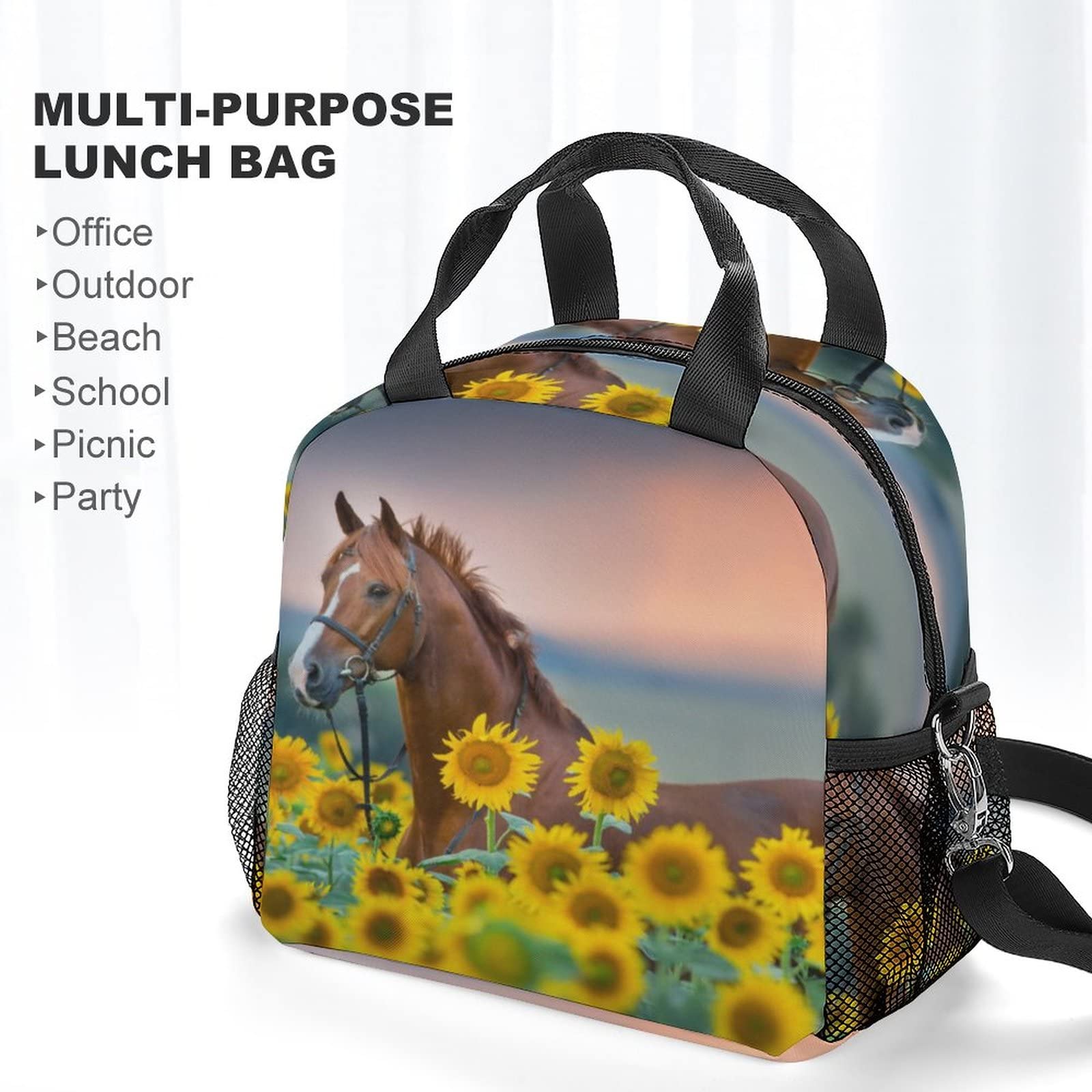 Sunflower Red Horse Lunch Bag, Lunch Box Portable Insulated Lunch Tote Bag, Thermal Cooler Bag for Women Work Outdoor
