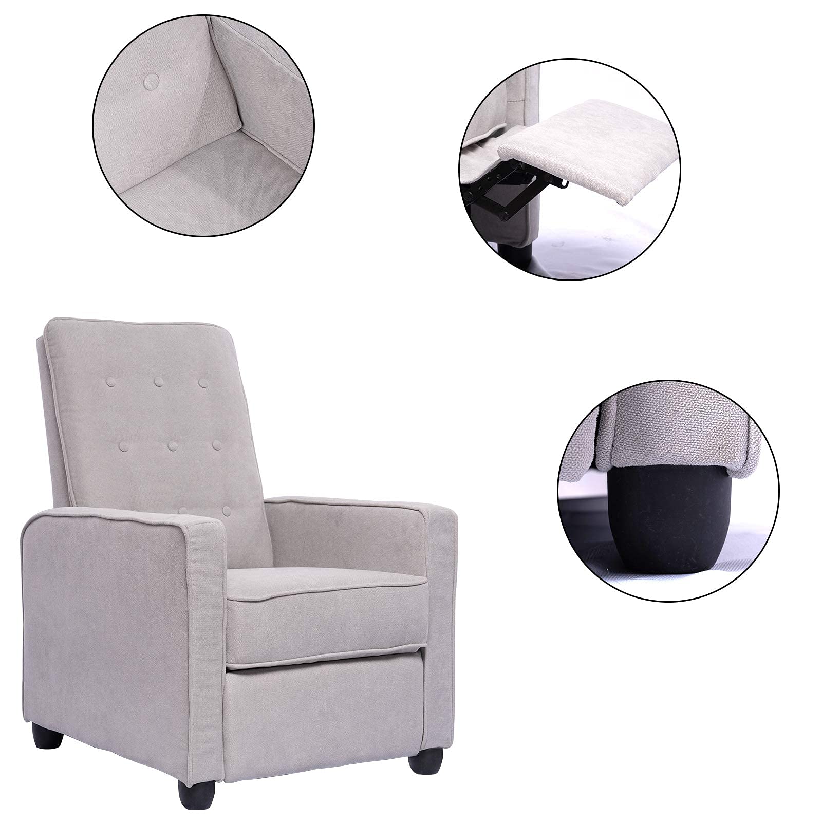Polar Aurora Mid-Century Modern Push Back Recliner Chair Fabric Accent Arm Chair Ergonomic Lounge for Living Room(Light Grey)