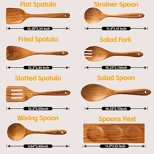 Natural Wood Kitchen Utensil Set - Spoons, Spatulas, Ladles, Strainer Spoon, Salad Fork, Mixing Spoon - with Spoon Rest (A07)