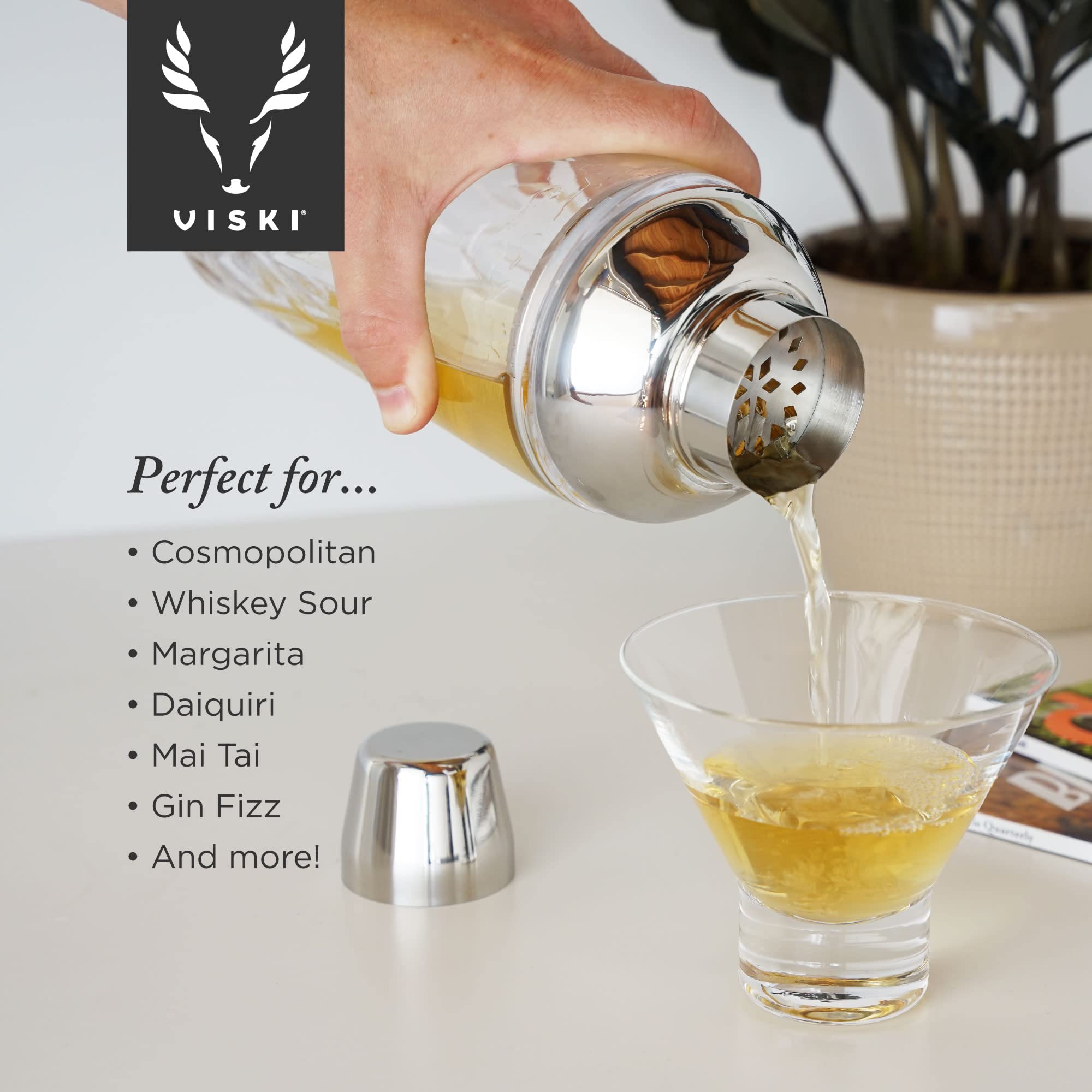 Viski Admiral Cocktail Shaker - Cut Crystal Tumbler with Stainless Steel Cap and Strainer - Dishwasher Safe 25oz Set of 1