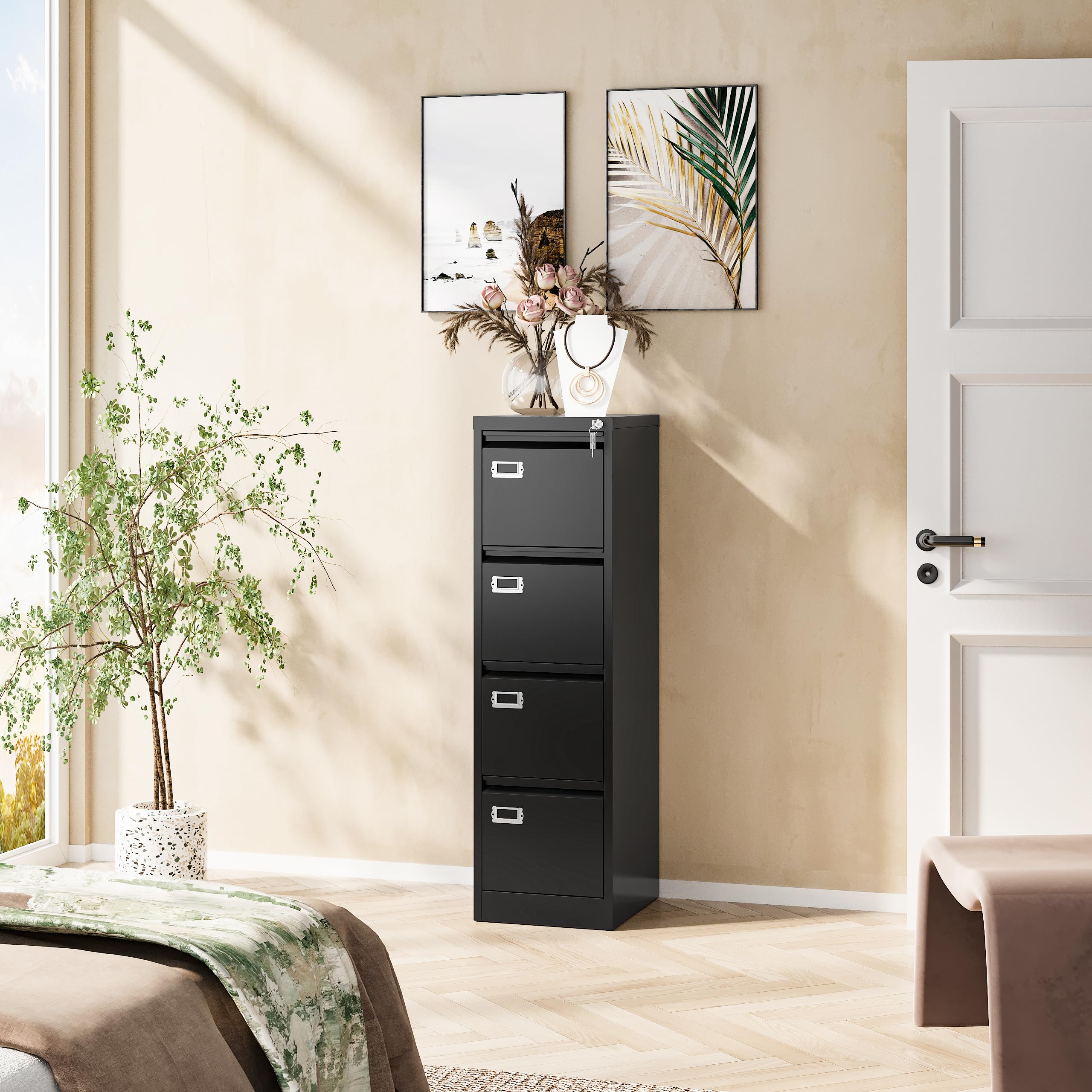 RAVIGIN 4 Drawer File Cabinet with Lock,Metal Vertical Filing Cabinets for Home Office-Hanging Letter/Legal/F4/A4 Size (Require Assembly)